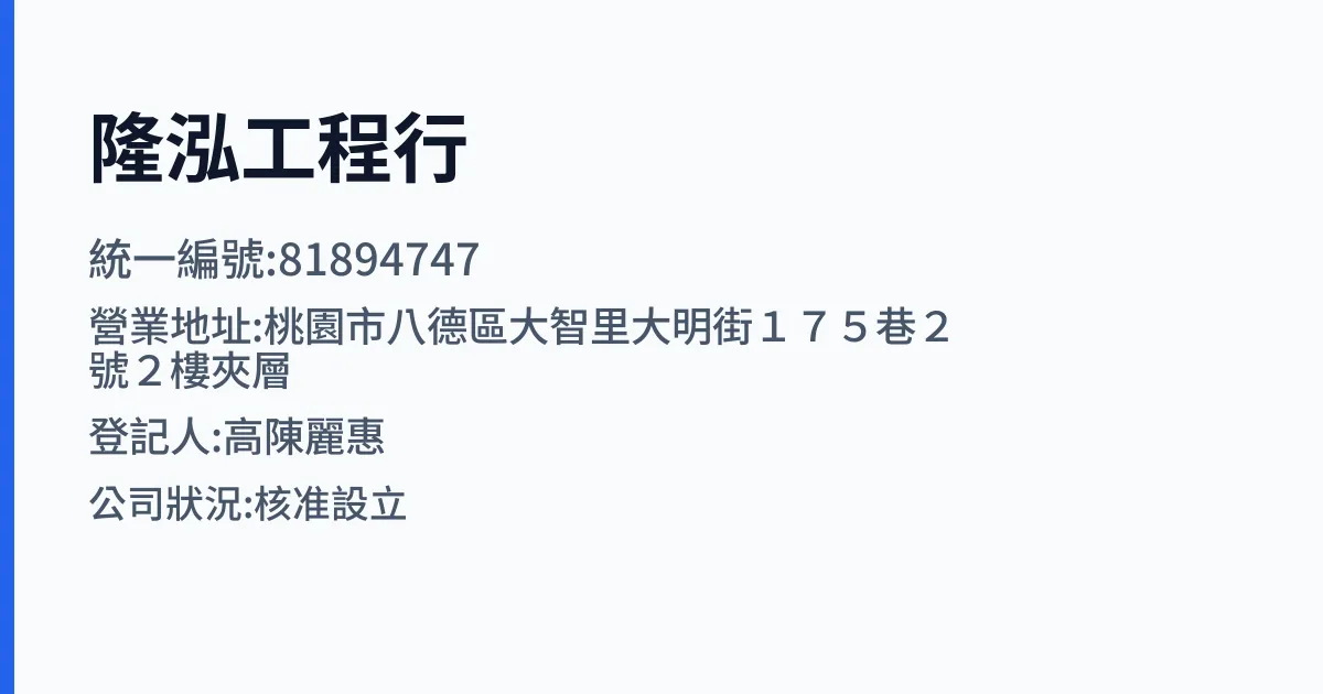 隆泓工程行 - 統編 81894747(桃園市) 公司登記資料與營業項目詳細圖表