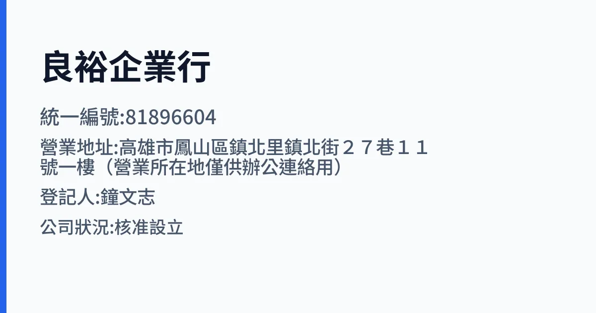 良裕企業行 - 統編 81896604(高雄市) 公司登記資料與營業項目詳細圖表