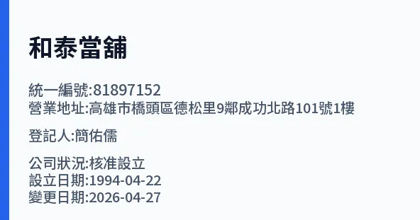 和泰當舖的照片-統編 81897152(高雄市) 公司登記資料與營業項目詳細圖表