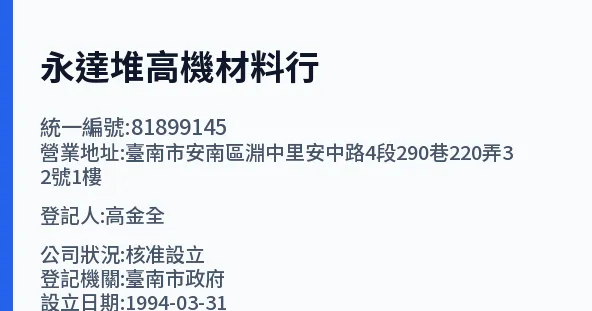 永達堆高機材料行的照片-統編 81899145(臺南市) 公司登記資料與營業項目詳細圖表