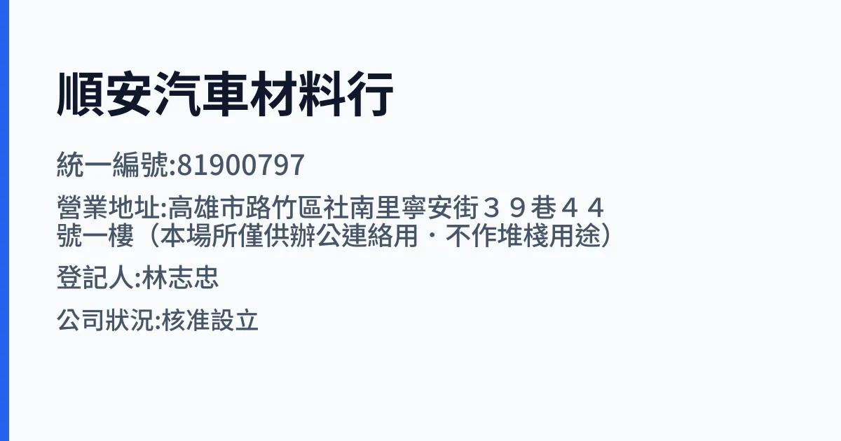 順安汽車材料行 - 統編 81900797(高雄市) 公司登記資料與營業項目詳細圖表