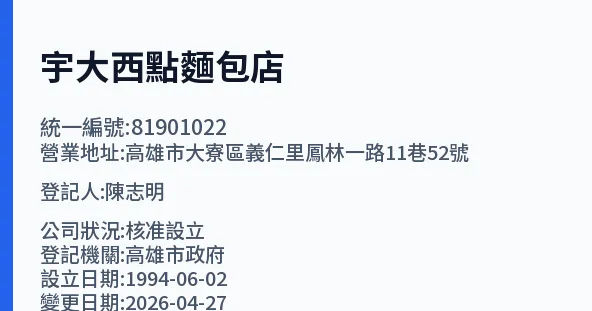 宇大西點麵包店的照片-統編 81901022(高雄市) 公司登記資料與營業項目詳細圖表