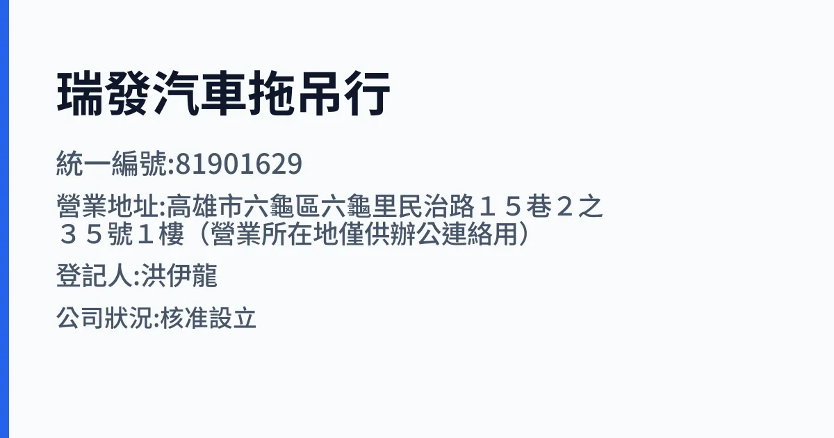 瑞發汽車拖吊行 - 統編 81901629(高雄市) 公司登記資料與營業項目詳細圖表
