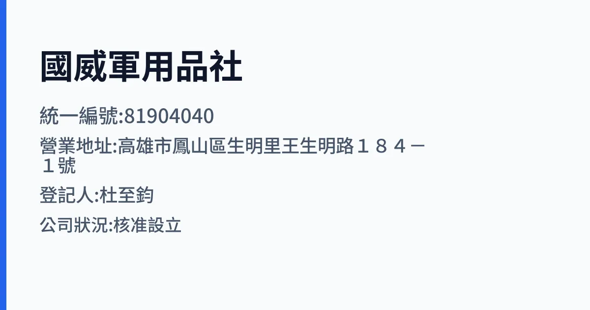 國威軍用品社 - 統編 81904040(高雄市) 公司登記資料與營業項目詳細圖表