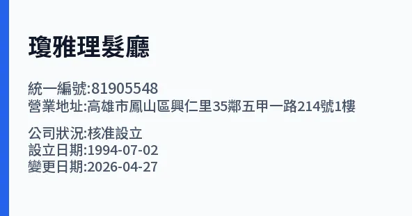 瓊雅理髮廳的照片-統編 81905548(高雄市) 公司登記資料與營業項目詳細圖表
