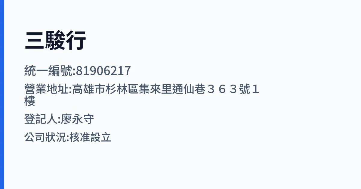 三駿行 - 統編 81906217(高雄市) 公司登記資料與營業項目詳細圖表