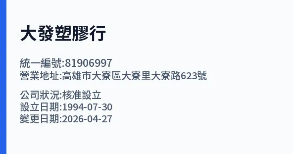 大發塑膠行的照片-統編 81906997(高雄市) 公司登記資料與營業項目詳細圖表