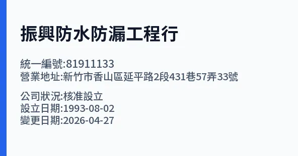 振興防水防漏工程行的照片-統編 81911133(新竹市) 公司登記資料與營業項目詳細圖表