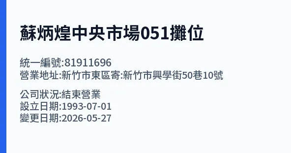 蘇炳煌中央市場051攤位的照片-統編 81911696(新竹市) 公司登記資料與營業項目詳細圖表