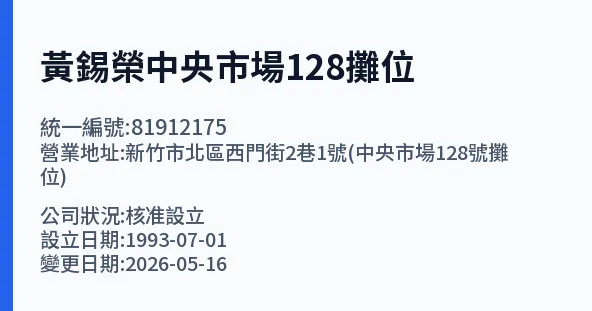 黃錫榮中央市場128攤位的照片-統編 81912175(新竹市) 公司登記資料與營業項目詳細圖表
