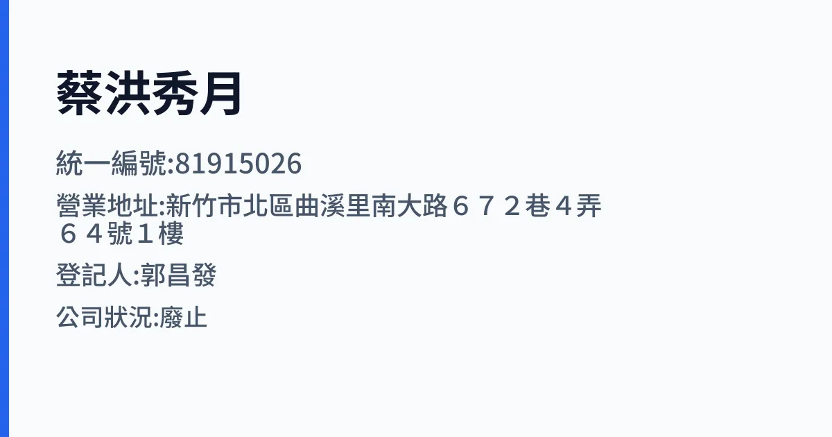 蔡洪秀月 - 統編 81915026(新竹市) 公司登記資料與營業項目詳細圖表