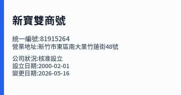 新寶雙商號的照片-統編 81915264(新竹市) 公司登記資料與營業項目詳細圖表