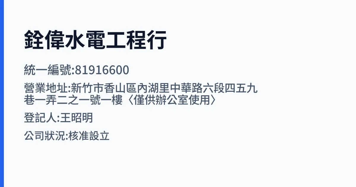 銓偉水電工程行 - 統編 81916600(新竹市) 公司登記資料與營業項目詳細圖表