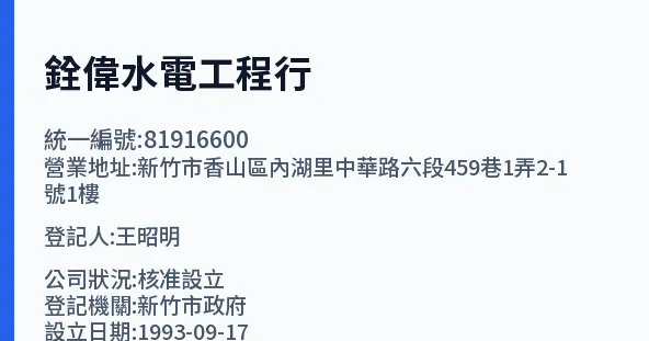 銓偉水電工程行的照片-統編 81916600(新竹市) 公司登記資料與營業項目詳細圖表