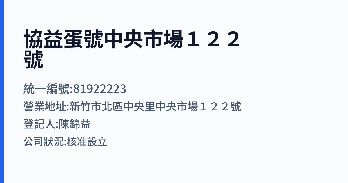協益蛋號中央市場１２２號 - 統編 81922223(新竹市) 公司登記資料與營業項目詳細圖表