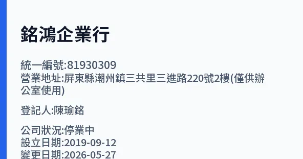 銘鴻企業行的照片-統編 81930309(屏東縣) 公司登記資料與營業項目詳細圖表