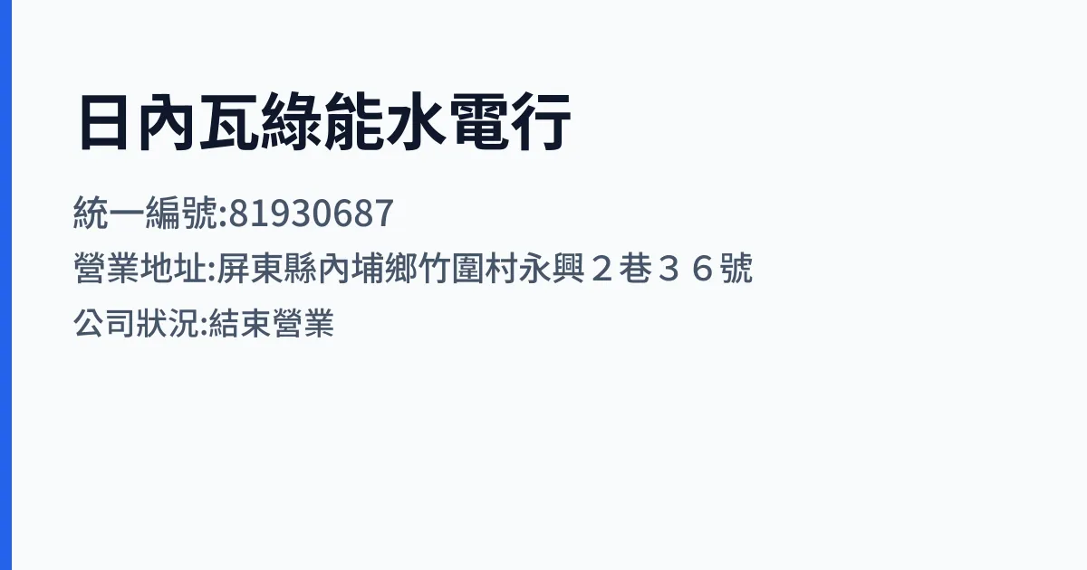 日內瓦綠能水電行 - 統編 81930687(屏東縣) 公司登記資料與營業項目詳細圖表