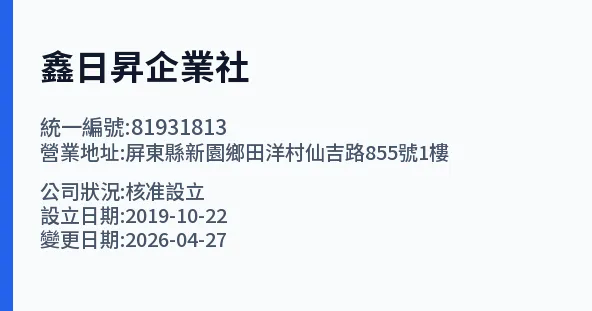 鑫日昇企業社的照片-統編 81931813(屏東縣) 公司登記資料與營業項目詳細圖表