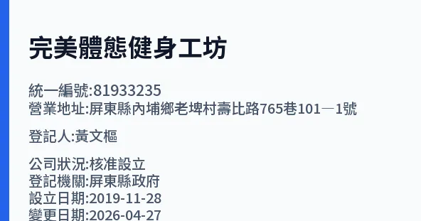 完美體態健身工坊的照片-統編 81933235(屏東縣) 公司登記資料與營業項目詳細圖表