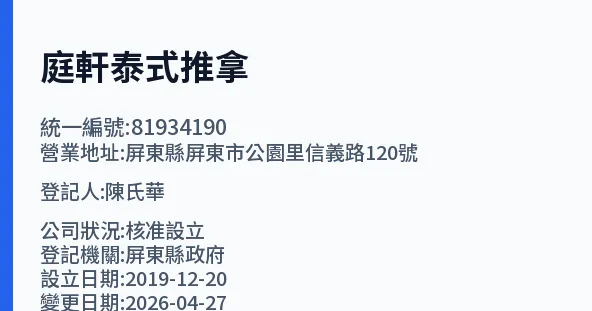庭軒泰式推拿的照片-統編 81934190(屏東縣) 公司登記資料與營業項目詳細圖表