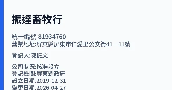 振達畜牧行的照片-統編 81934760(屏東縣) 公司登記資料與營業項目詳細圖表