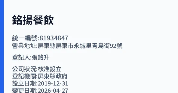 銘揚餐飲的照片-統編 81934847(屏東縣) 公司登記資料與營業項目詳細圖表