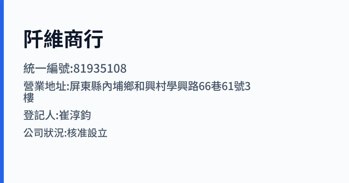 阡維商行 - 統編 81935108(屏東縣) 公司登記資料與營業項目詳細圖表