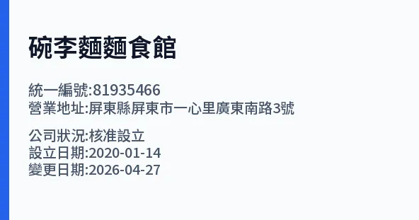 碗李麵麵食館的照片-統編 81935466(屏東縣) 公司登記資料與營業項目詳細圖表