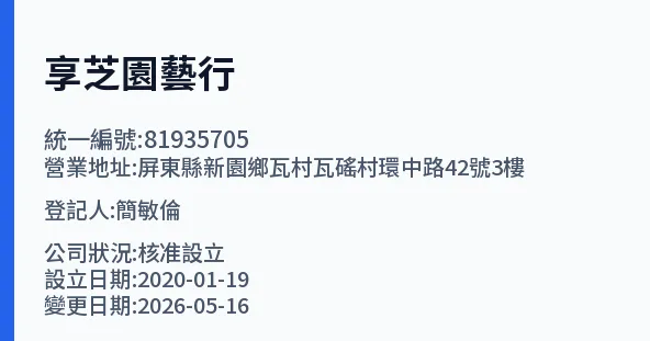 享芝園藝行的照片-統編 81935705(屏東縣) 公司登記資料與營業項目詳細圖表