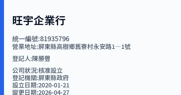 旺宇企業行的照片-統編 81935796(屏東縣) 公司登記資料與營業項目詳細圖表