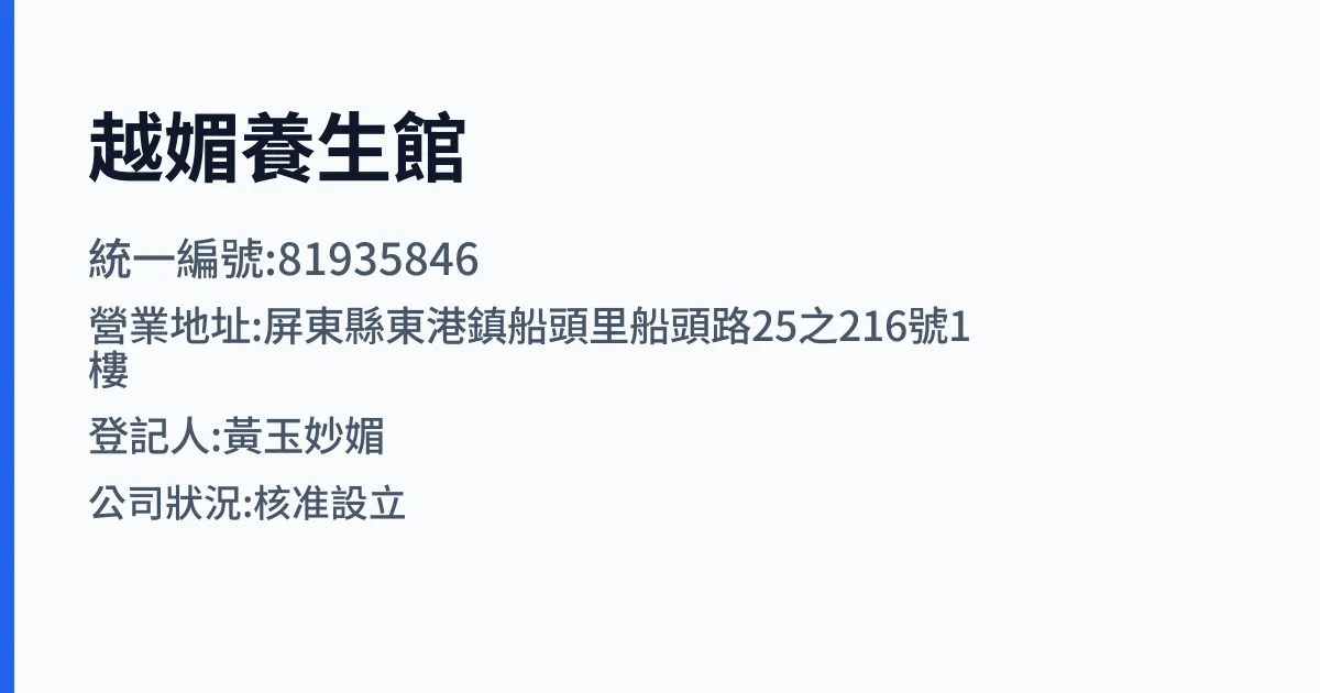 越媚養生館 - 統編 81935846(屏東縣) 公司登記資料與營業項目詳細圖表