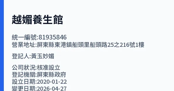 越媚養生館的照片-統編 81935846(屏東縣) 公司登記資料與營業項目詳細圖表