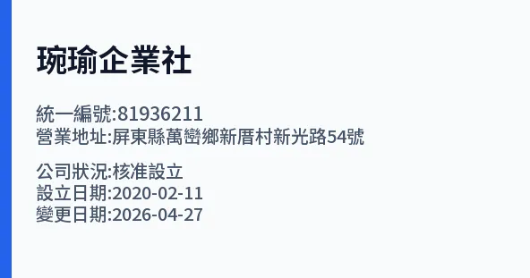 琬瑜企業社的照片-統編 81936211(屏東縣) 公司登記資料與營業項目詳細圖表