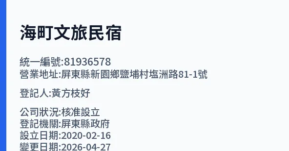 海町文旅民宿的照片-統編 81936578(屏東縣) 公司登記資料與營業項目詳細圖表