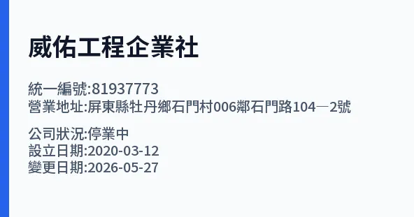 威佑工程企業社的照片-統編 81937773(屏東縣) 公司登記資料與營業項目詳細圖表