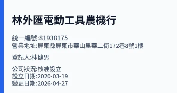 林外匯電動工具農機行的照片-統編 81938175(屏東縣) 公司登記資料與營業項目詳細圖表