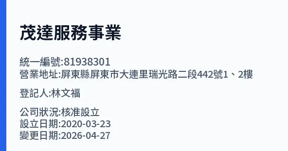 茂達服務事業的照片-統編 81938301(屏東縣) 公司登記資料與營業項目詳細圖表