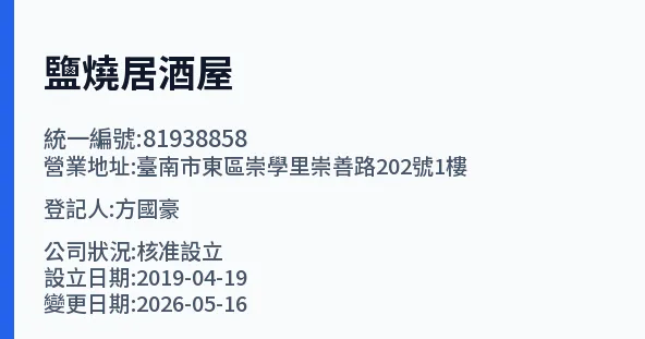 鹽燒居酒屋的照片-統編 81938858(臺南市) 公司登記資料與營業項目詳細圖表