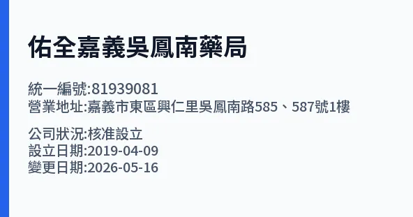 佑全嘉義吳鳳南藥局的照片-統編 81939081(嘉義市) 公司登記資料與營業項目詳細圖表