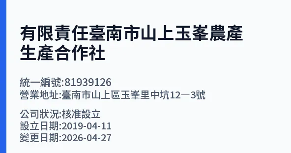 有限責任臺南市山上玉峯農產生產合作社的照片-統編 81939126(臺南市) 公司登記資料與營業項目詳細圖表
