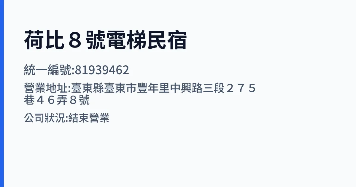 荷比8號電梯民宿 - 統編 81939462(臺東縣) 公司登記資料與營業項目詳細圖表