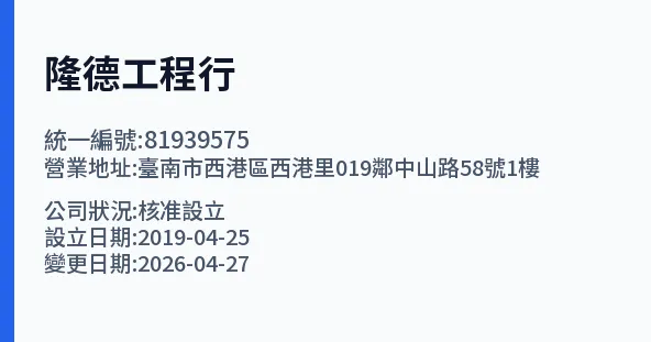 隆德工程行的照片-統編 81939575(臺南市) 公司登記資料與營業項目詳細圖表