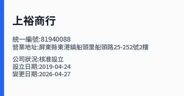 上裕商行的照片-統編 81940088(屏東縣) 公司登記資料與營業項目詳細圖表