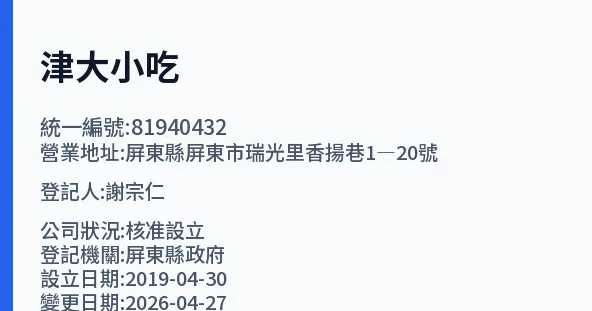 津大小吃的照片-統編 81940432(屏東縣) 公司登記資料與營業項目詳細圖表