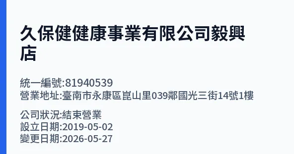 久保健健康事業有限公司毅興店的照片-統編 81940539(臺南市) 公司登記資料與營業項目詳細圖表
