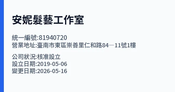 安妮髮藝工作室的照片-統編 81940720(臺南市) 公司登記資料與營業項目詳細圖表