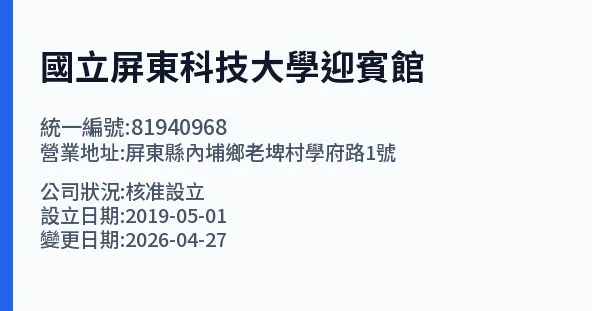 國立屏東科技大學迎賓館的照片-統編 81940968(屏東縣) 公司登記資料與營業項目詳細圖表