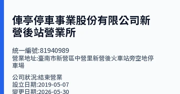 俥亭停車事業股份有限公司新營後站營業所的照片-統編 81940989(臺南市) 公司登記資料與營業項目詳細圖表