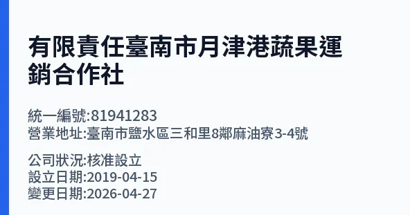 有限責任臺南市月津港蔬果運銷合作社的照片-統編 81941283(臺南市) 公司登記資料與營業項目詳細圖表