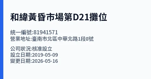 和緯黃昏市場第D21攤位的照片-統編 81941571(臺南市) 公司登記資料與營業項目詳細圖表